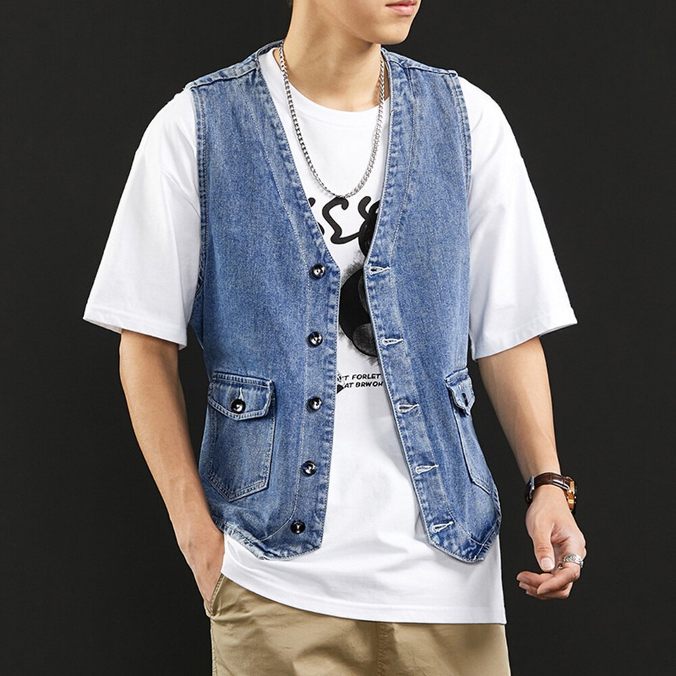 Mens V Neck Denim Jacket Sleeveless Waistcoat Gilet Vest Tops Pocket ...
