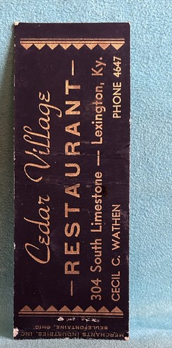 Matchbook Cover Cedar Village Restaurant Lexington KY Cecil C. Wathen ...