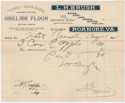 1895 L H Brugh Obelisk Flour Billhead Roanoke VA Tarbell Cream Cheese ...
