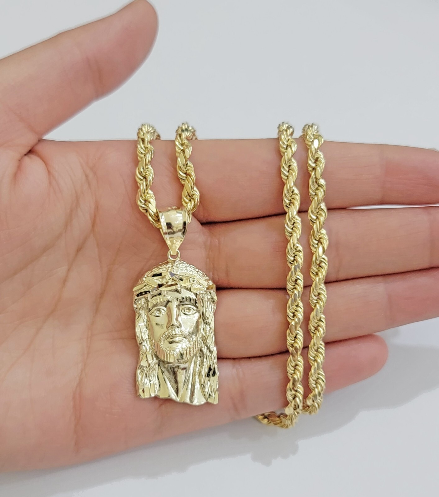 Real 10k Yellow Gold Rope Chain Jesus Charm Pendant SET 4mm 18-28 inch ...