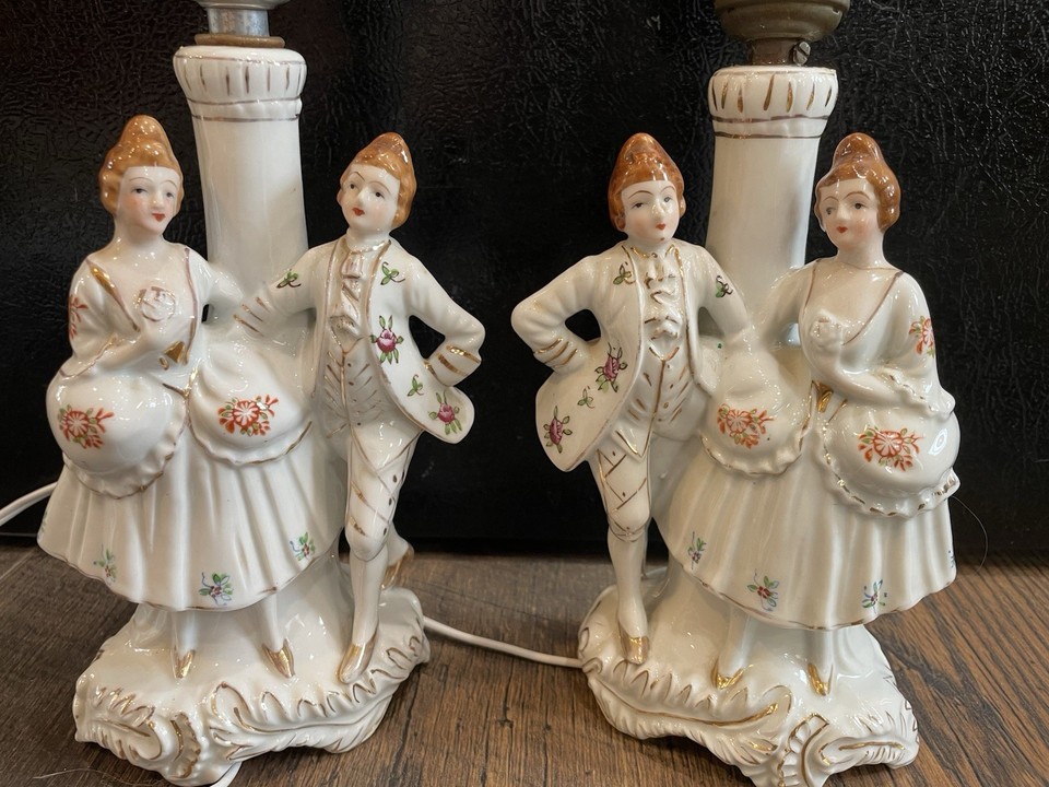 2 Ceramic TABLE LAMPS Victorian Couple BALL ROOM DANCING Occupied Japan ...
