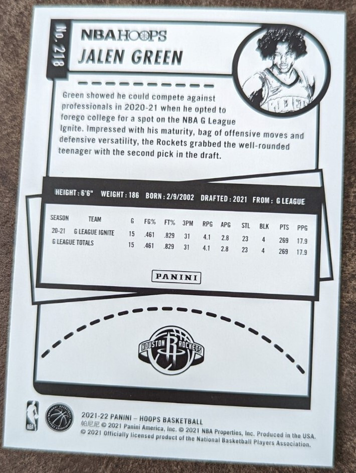 2021-22 Panini NBA Hoops Jalen Green Rookie Card #218 Houston Rockets ...