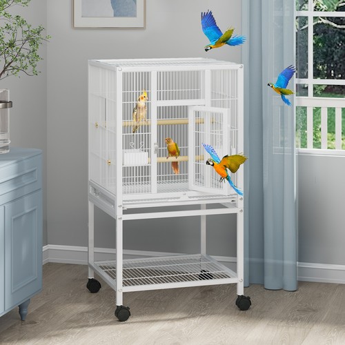 41 Inch White Bird Cage Large Parrot Cage w/ Tray Food Boxes and Wooden ...