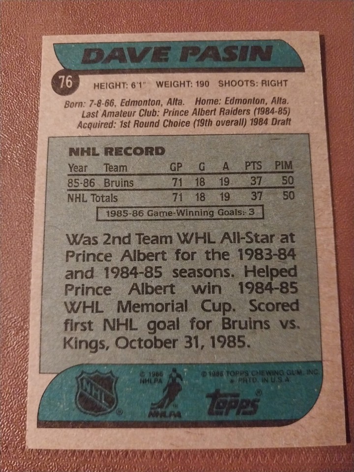 1986-87 DAVE PASIN TOPPS NHL HOCKEY ROOKIE CARD RC #76 BOSTON BRUINS | eBay