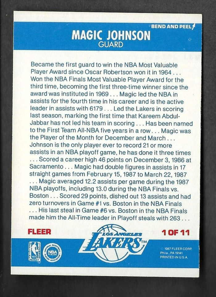 MAGIC JOHNSON 1987 FLEER STICKER CARD #1 HOF KNICKS GREAT NICE !! NM | eBay