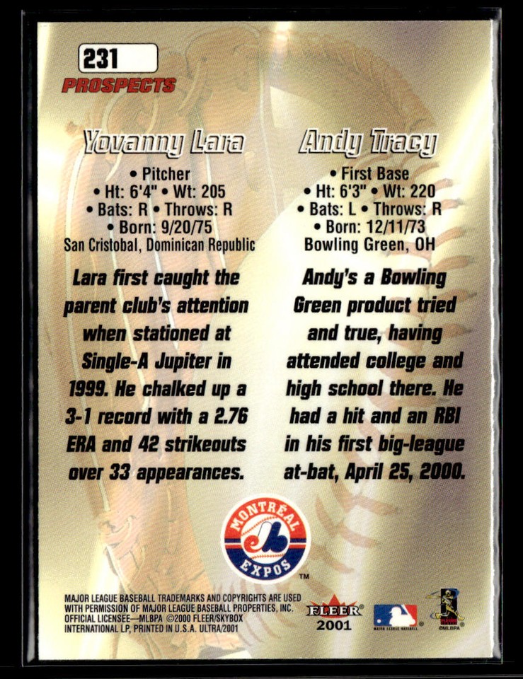 2001 Ultra #231 Yovanny Lara / Andy Tracy Card Montreal Expos | eBay