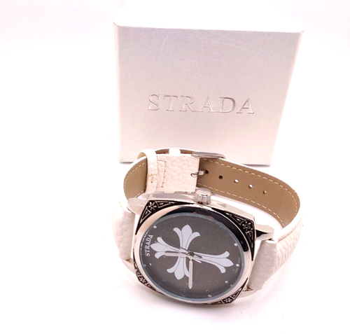 Strada Japanese Movement Cross Pattern Dial Watch & White Vegan Leather ...