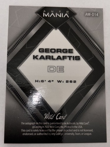 Wild Card George Karlaftis Auto Mania FB Orange #AM-D14 Boilermakers ...