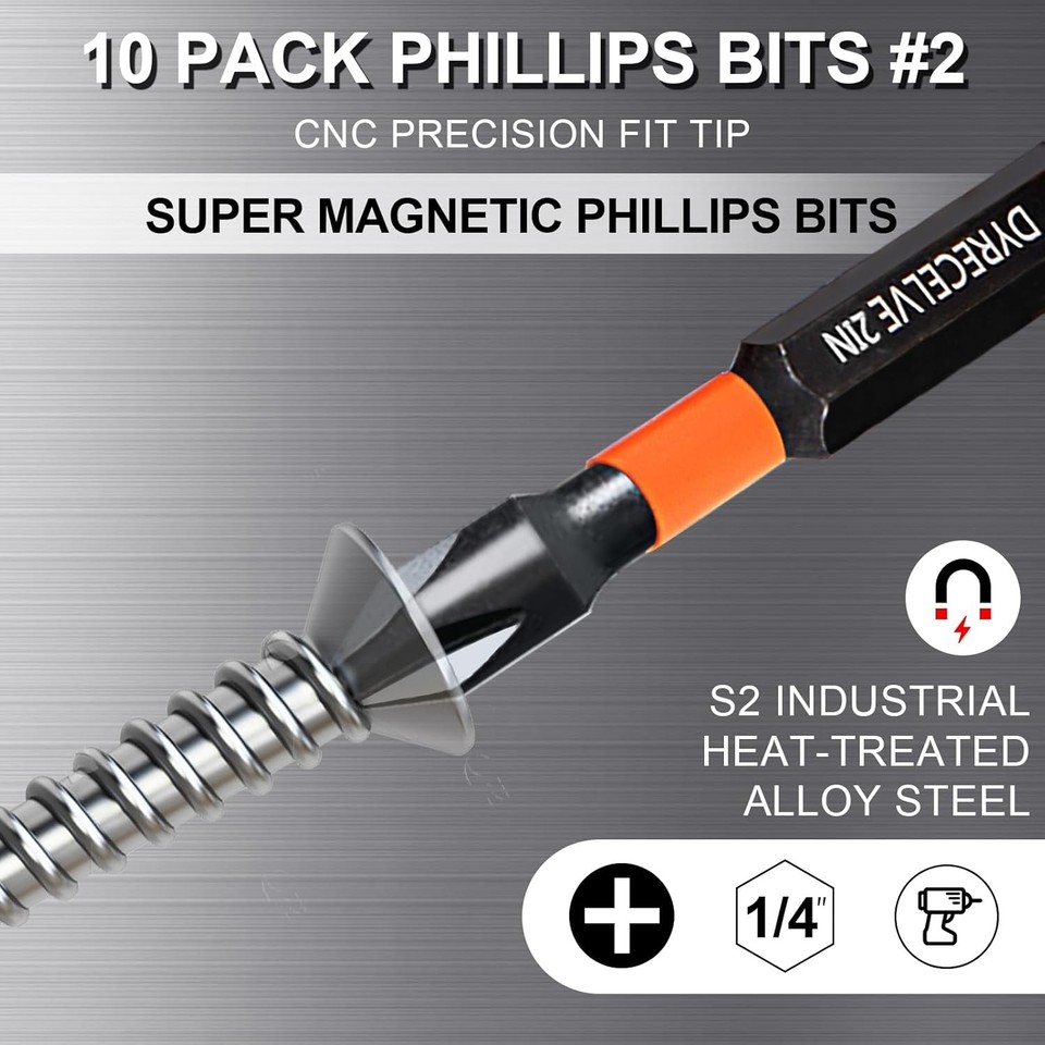10-Pack 2"PH2 Phillips Impact Bits,Magnetic S2 Steel,1/4"Hex Shank for ...