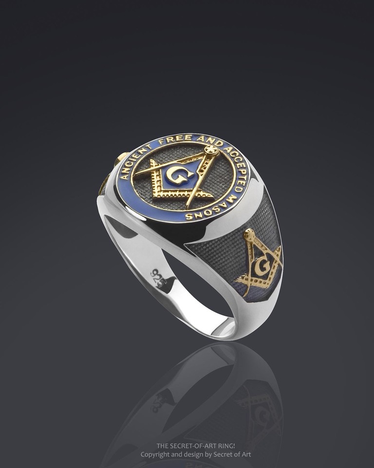 Masonic Ring AF & AM Freemason Masonry Men Silver 925 Sterling 18K-Gold ...