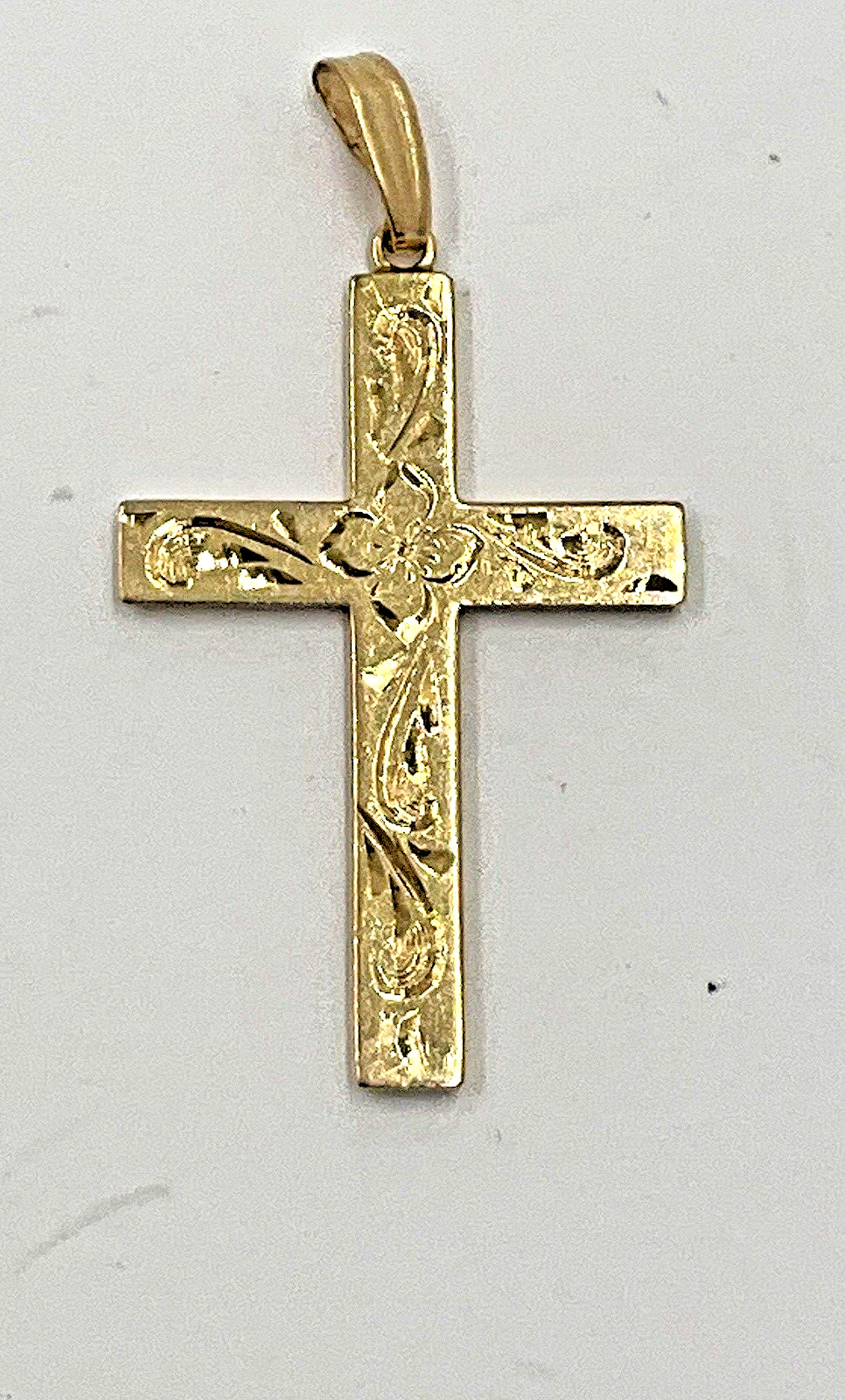 14k Yellow Gold Etched Floral Cross Religious Pendant - Gem