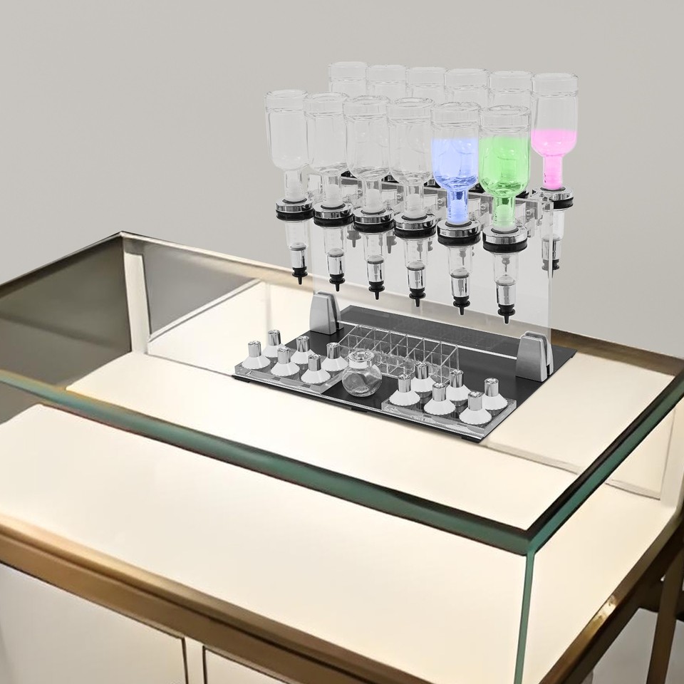 Manual Perfume Dispenser 12 Bottle Station Glass Pump Tester Rack Black ...