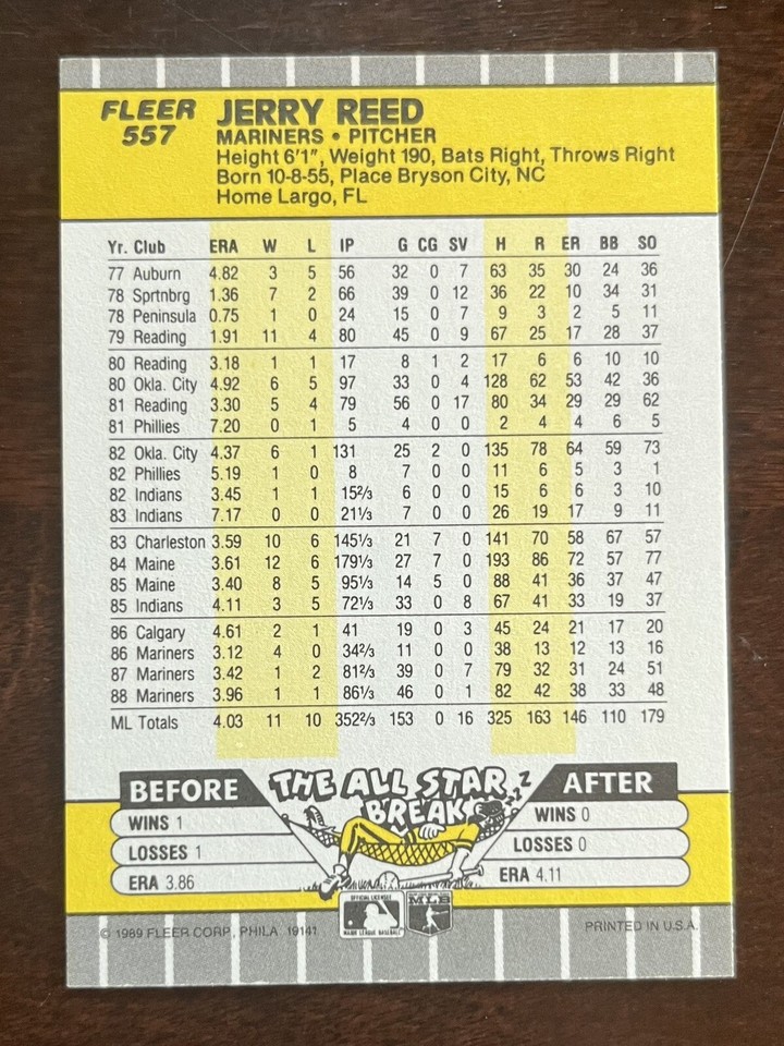 1989 Fleer - #557 Jerry Reed Auto Autograph Seattle Mariners Blue Ink ...