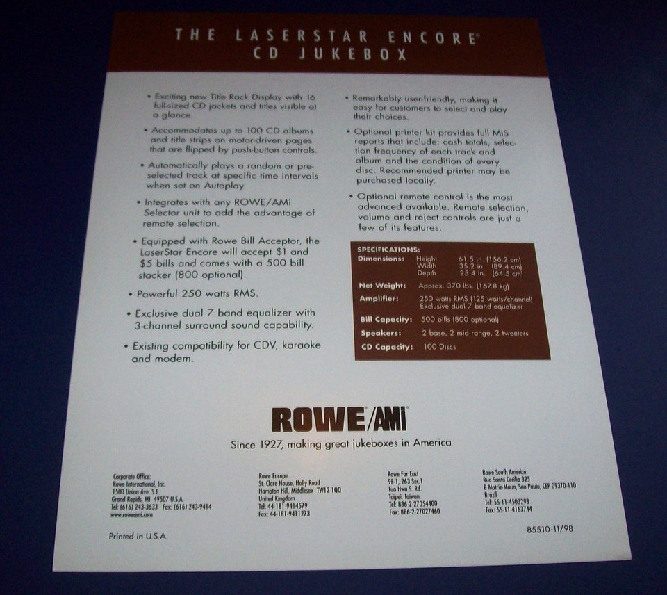 LASERSTAR ENCORE ROWE 1998 ORIGINAL JUKEBOX PHONOGRAPH PROMO SALES ...