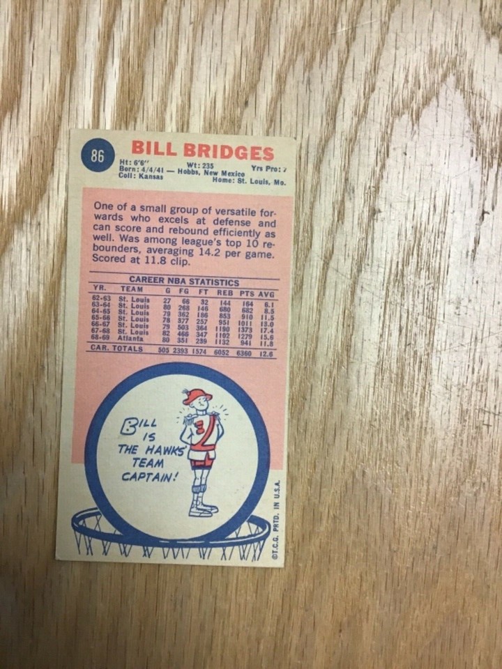 1969/70 Topps Basketball Bill Bridges Atlanta Card #86 | eBay