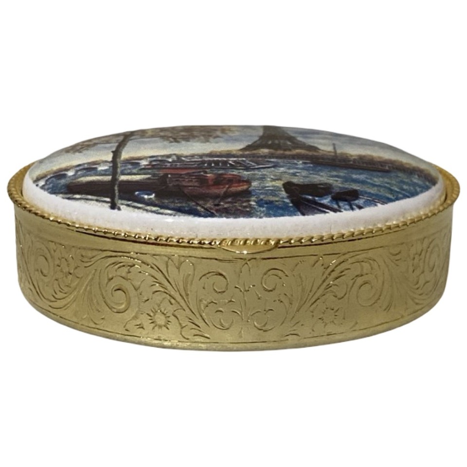 Vintage “Tour Eiffel” Paris France Gold Pill Trinket Box w/ Porcelain ...