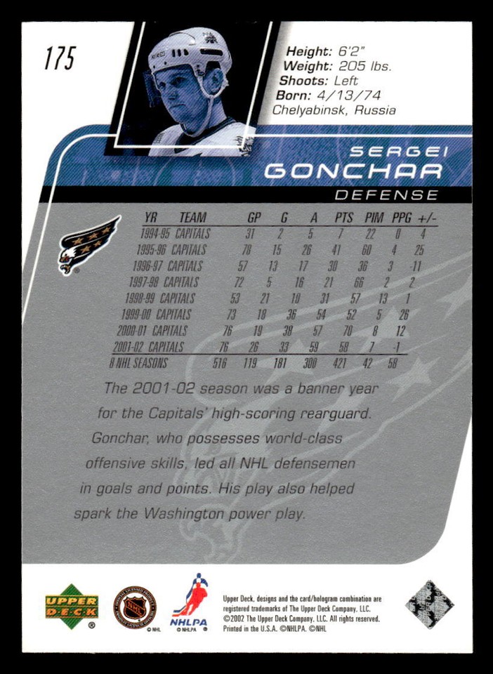Sergei Gonchar 2002 Upper Deck #175 Washington Capitals | eBay