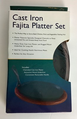 Cast Iron Fajita Platter Set Mr Bar-B-Q Wood Underliner Removable ...
