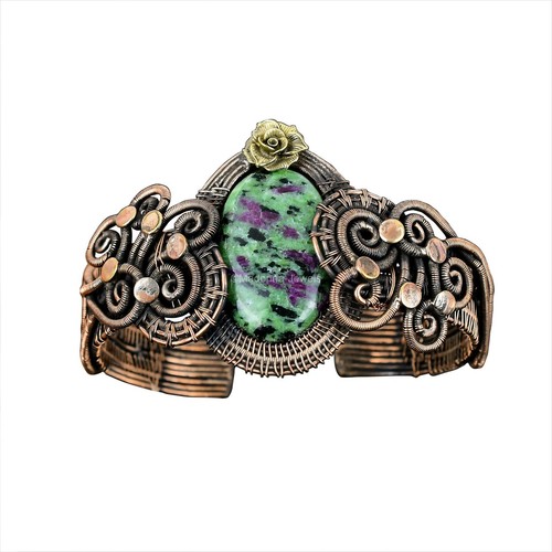 Ruby Zoisite Jewelry Copper Gift Wire Wrapped Flower Cuff Adjustable ...