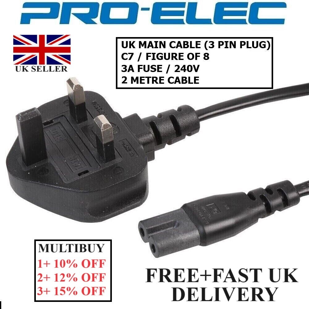 1m C7 Figure 8 Power Cord UK 3 Pin Plug to Power Lead Fig 8 Power Cable ...