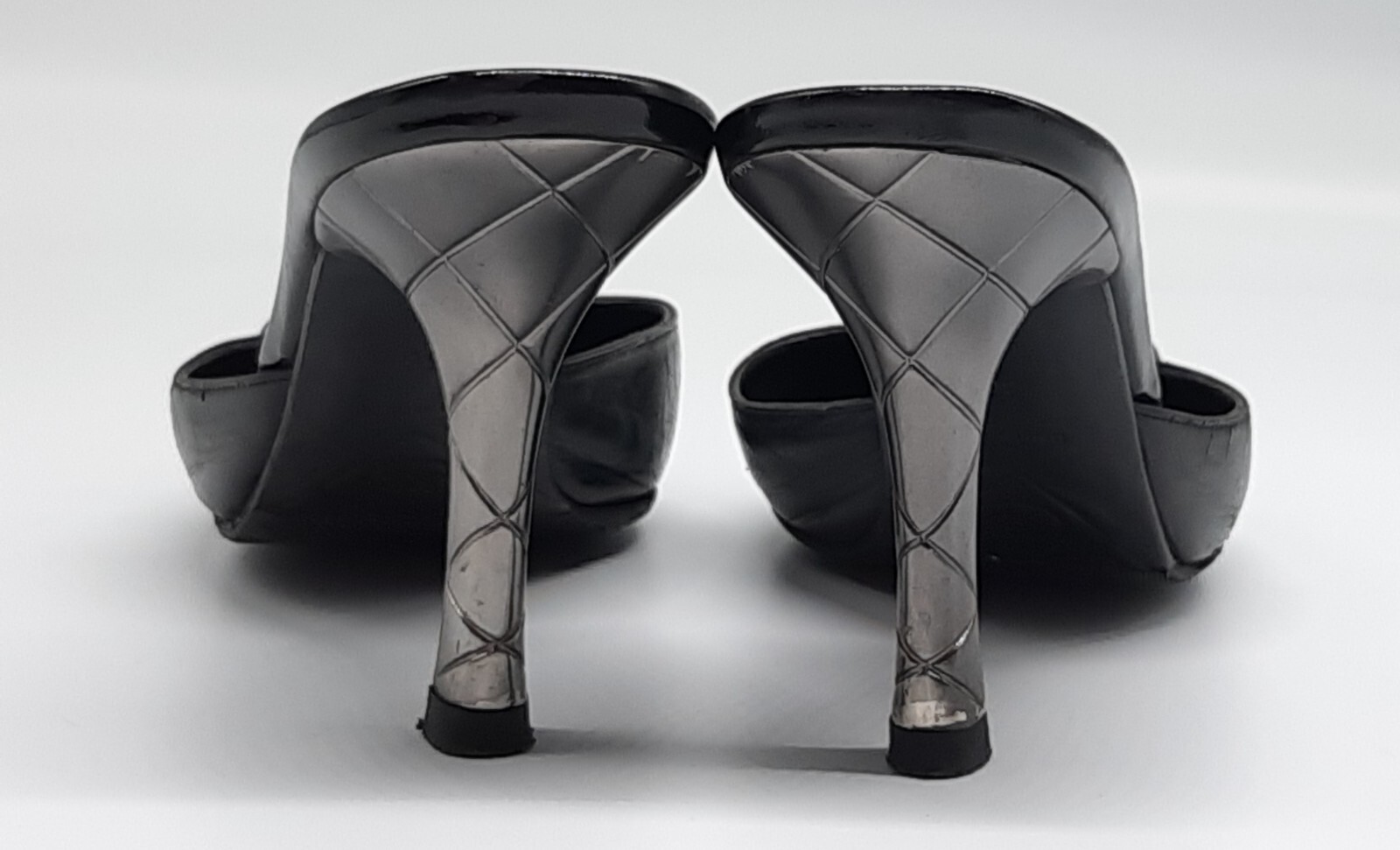 CHANEL leather Mule sandals black heel silver metal resole size 36C ...