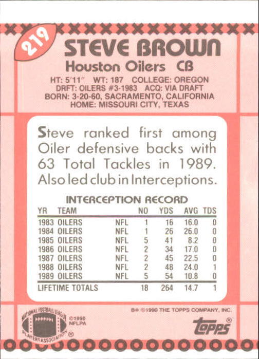 1990 Topps Tiffany Houston Oilers Football Card #219 Steve Brown | eBay
