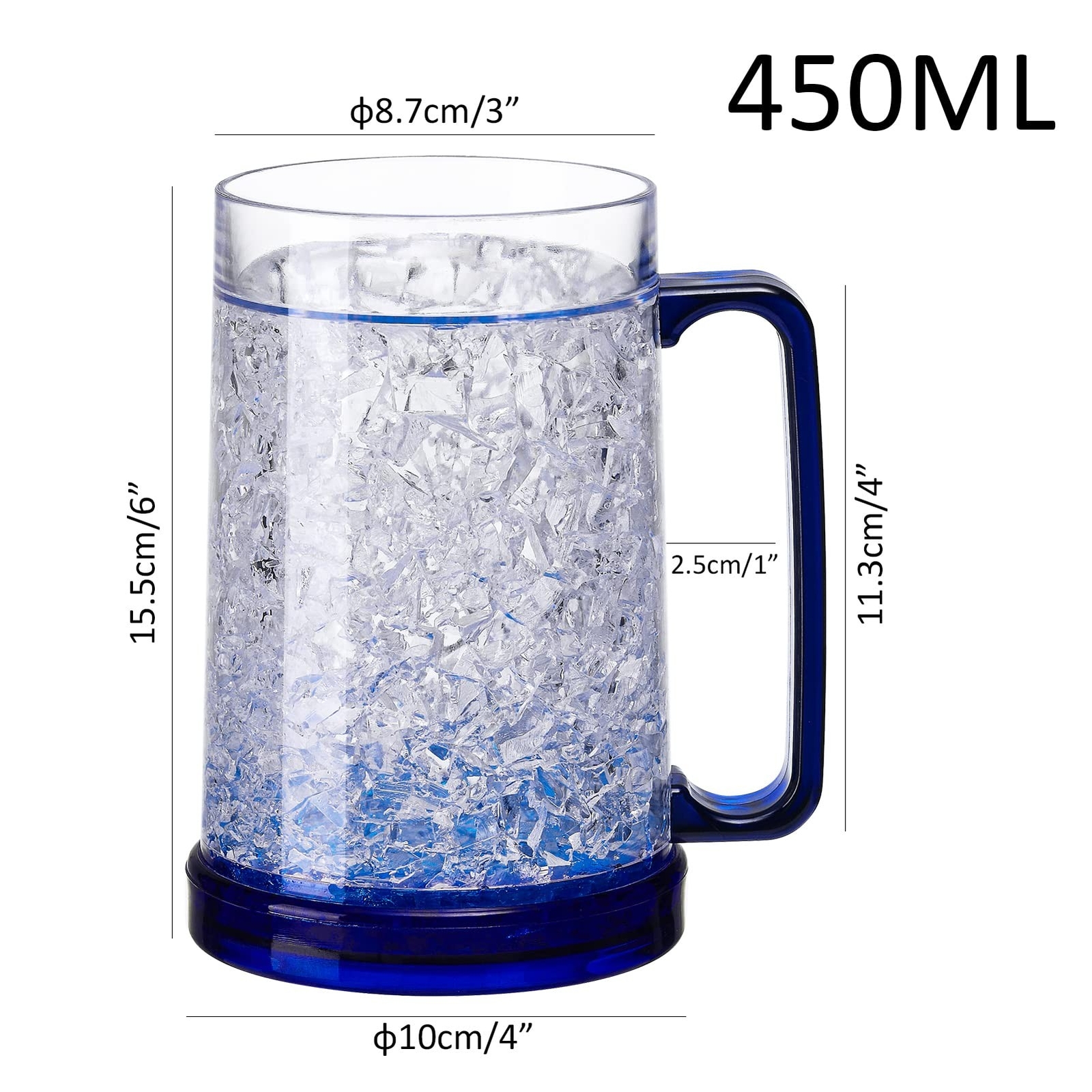 Double Wall Gel Frosty Freezer Ice Mugs Clear 16oz Set of 4 (Blue, Red ...