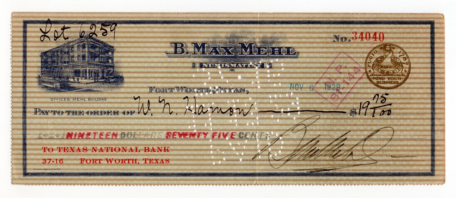 B. Max Mehl, Numismatist Cancelled Check November 6, 1929 | eBay