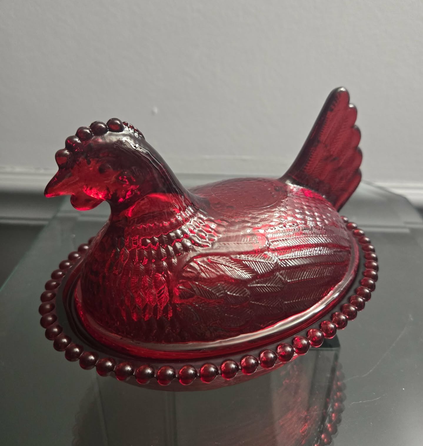 7" Ruby Red Hen On Nest Beaded Candy Dish (Indiana Glass?) | eBay