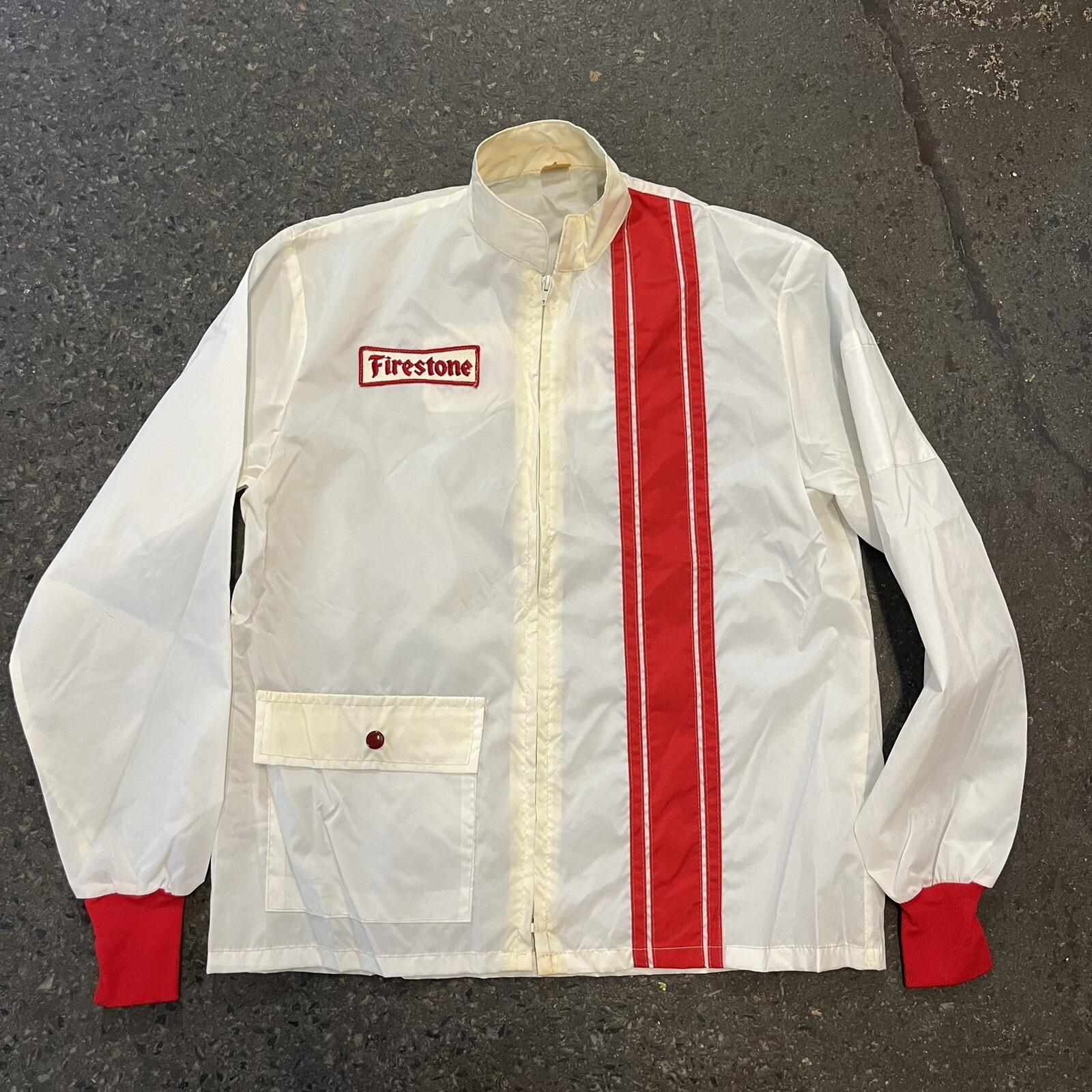 Vtg 1960s FIRESTONE White Red Stripe RACING NYLON Team JACKET ...