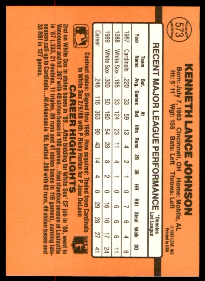 1990 Donruss Error No . Lance Johnson Chicago White Sox #573 | eBay