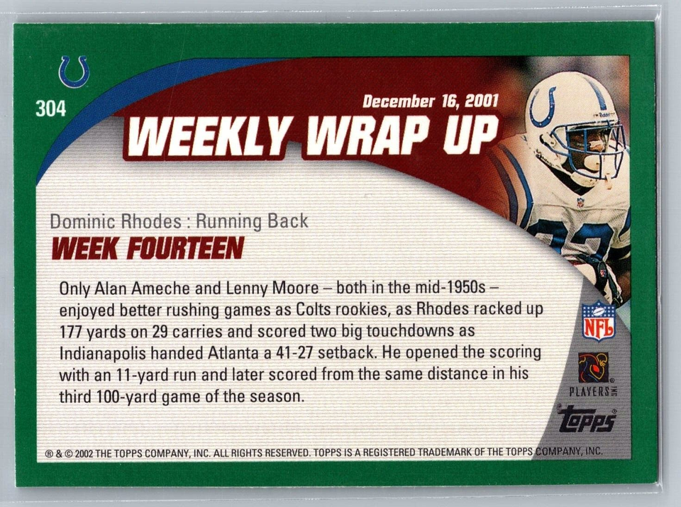 2002 TOPPS WEEKLY WRAP UP CARD # 304 Dominic Rhodes - Indianapolis ...