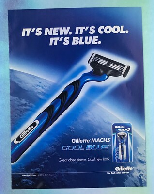 vintage 2000s magazine print ad GILLETTE Mach 3 Cool Blue mancave decor ...
