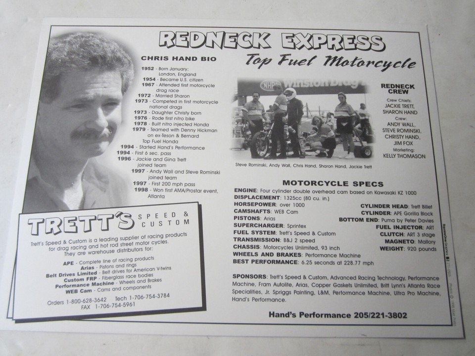 NHRA 1998 Chris Hand "Redneck Express" Top Fuel Motorcycle Drag Racing ...