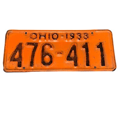 Antique 1933 Ohio License Plate Orange w/ Black Numbers | eBay