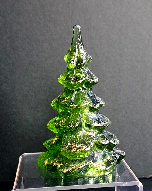 FENTON GLASS CHRISTMAS TREE 4 INCH FERN GREEN GOLD GLITTER FENTON ...