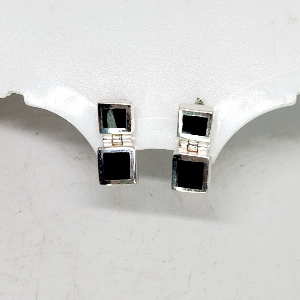 Vtg Sterling Silver Black Onyx Inlay Double Square Drop Stud Earrings ...