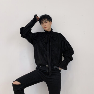 Men Puff Sleeve Shirt Blouse Belt Ruffle Neck Loose Casual Hairstylist ...
