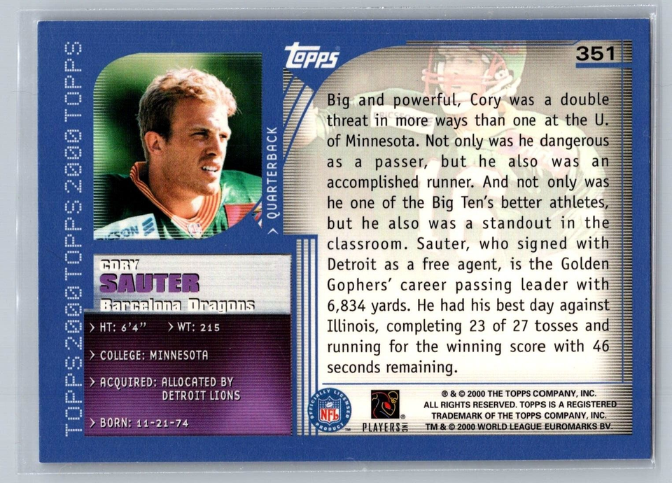 2000 TOPPS CHROME EUROPE PROSPECTS CARD # 351 Cory Sauter - Detroit ...