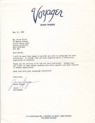 JEANA YEAGER Autographed Signed Typed Letter Voyager Aircraft Dick ...