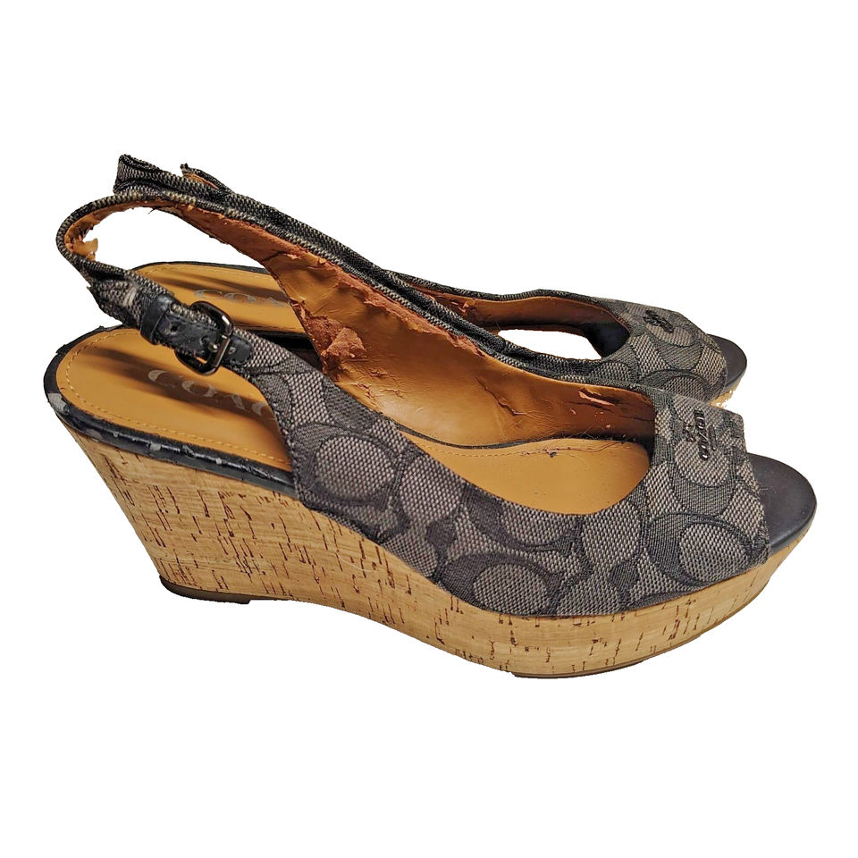 Coach Ferry Signature Women Platform Shoe Jacquard Cork Wedge Peep ...