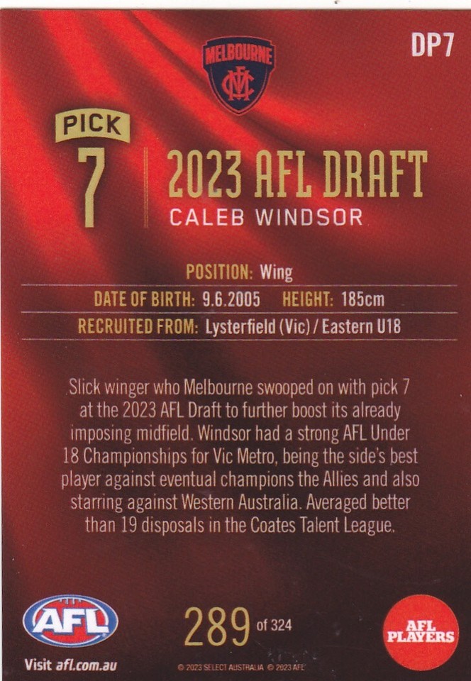 AFL 2023 SELECT NAB DRAFT PICK 7 CALEB WINDSOR MELBOURNE DEMONS CARD ...