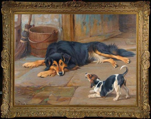 Old Master-Art Antique Oil Painting animal Portrait dog on canvas 30 ...