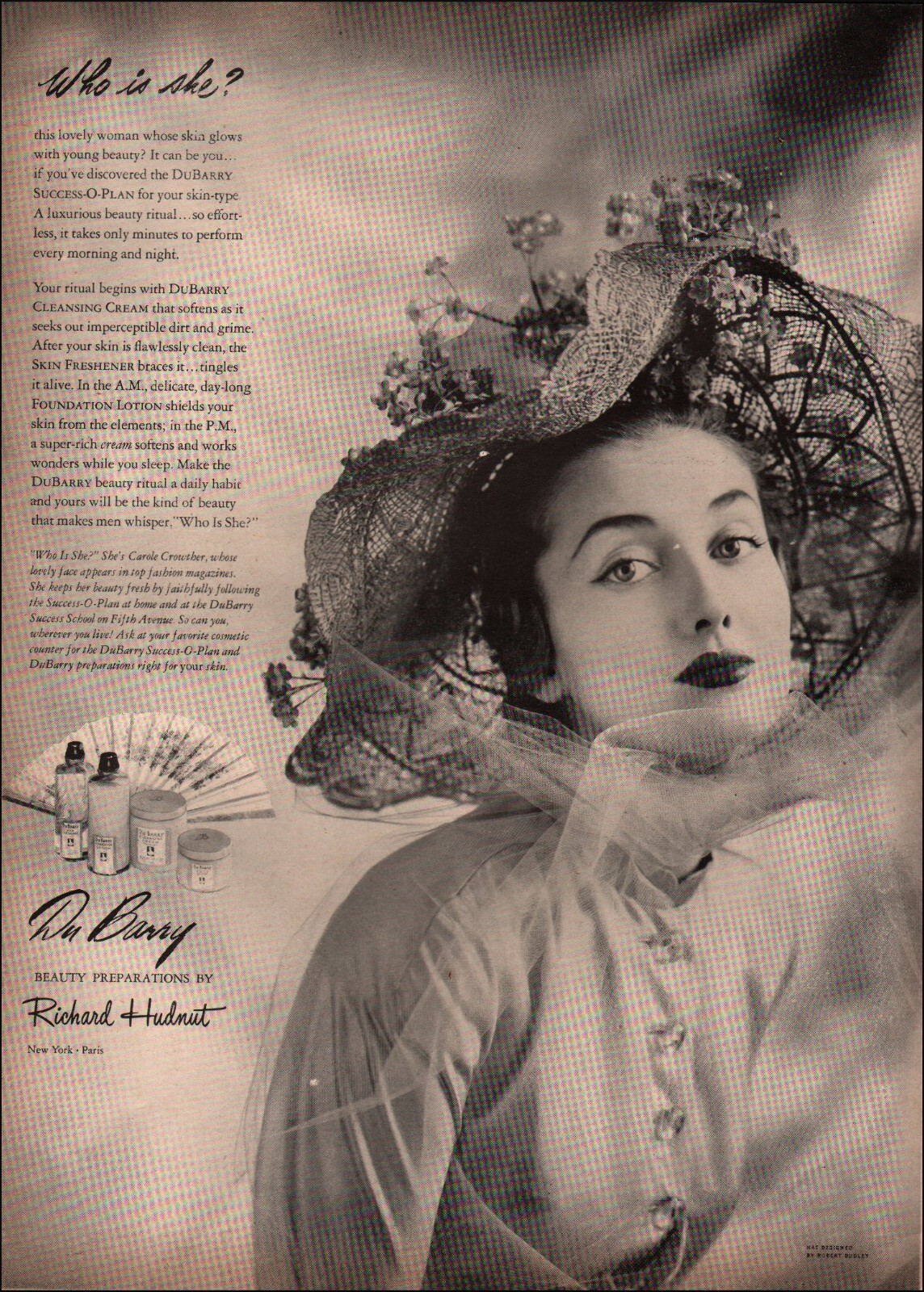 1948 Vintage ad Dubarry Richard Hudnut skin care beautiful model Hat ...