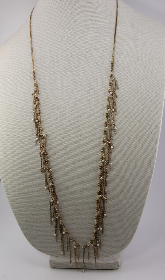 LOFT Long Beaded on Chain Fringe Faux pearls & Faceted Glass Chain ...