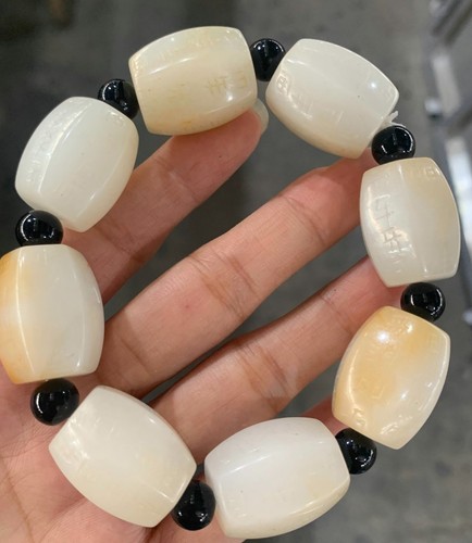 china Natural white jade carved inscription Bucket bead Bracelet Chain ...