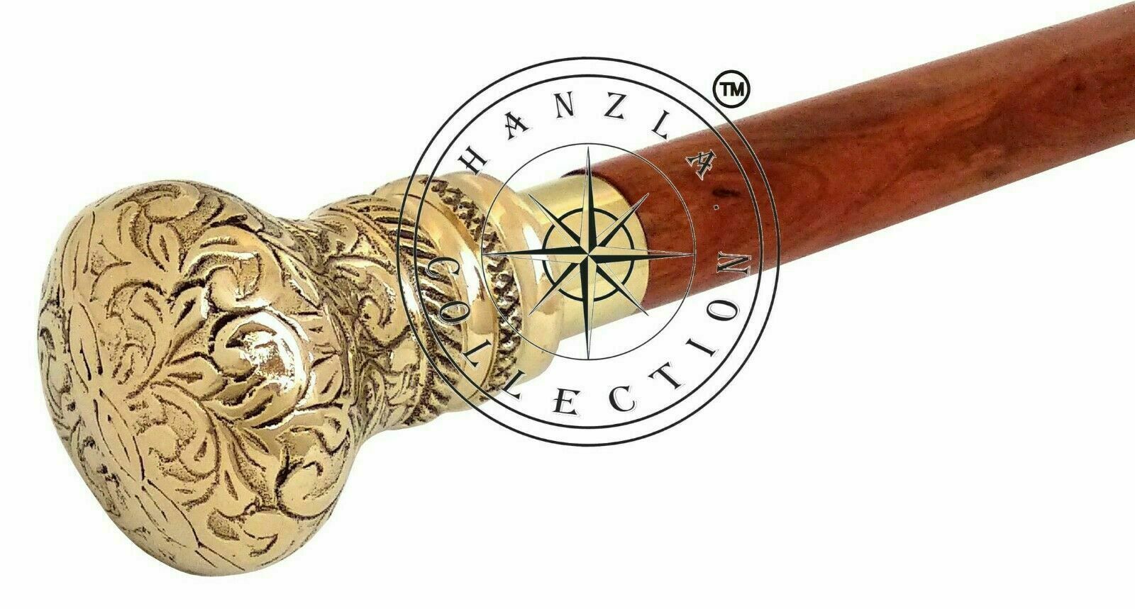 Golden Nautical Brass Knob Head Handle 37"Wooden Walking Stick Shaft ...