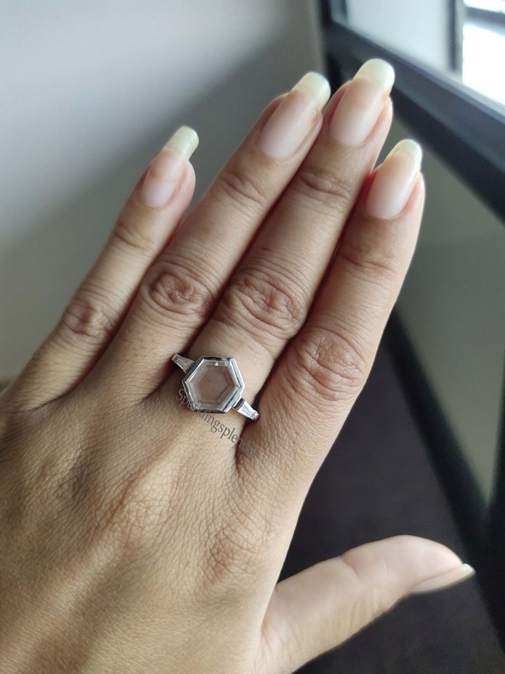 Hexagon Shape Portrait Cut Moissanite Engagement Ring Bezel Set 3 Stone ...