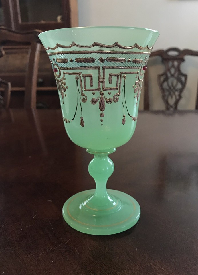 Antique Opalene Green Uranium Glass Goblet Chalice Gold Gilded Enameled ...