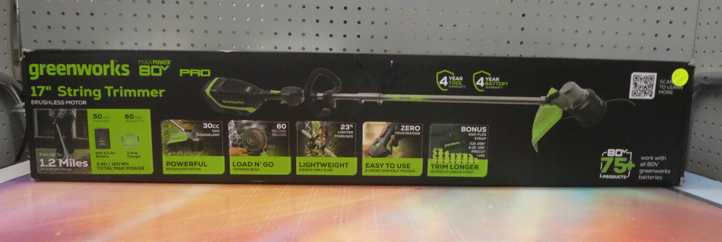 Greenworks 80V 17" String Trimmer with Battery & Charger STB415 New ...